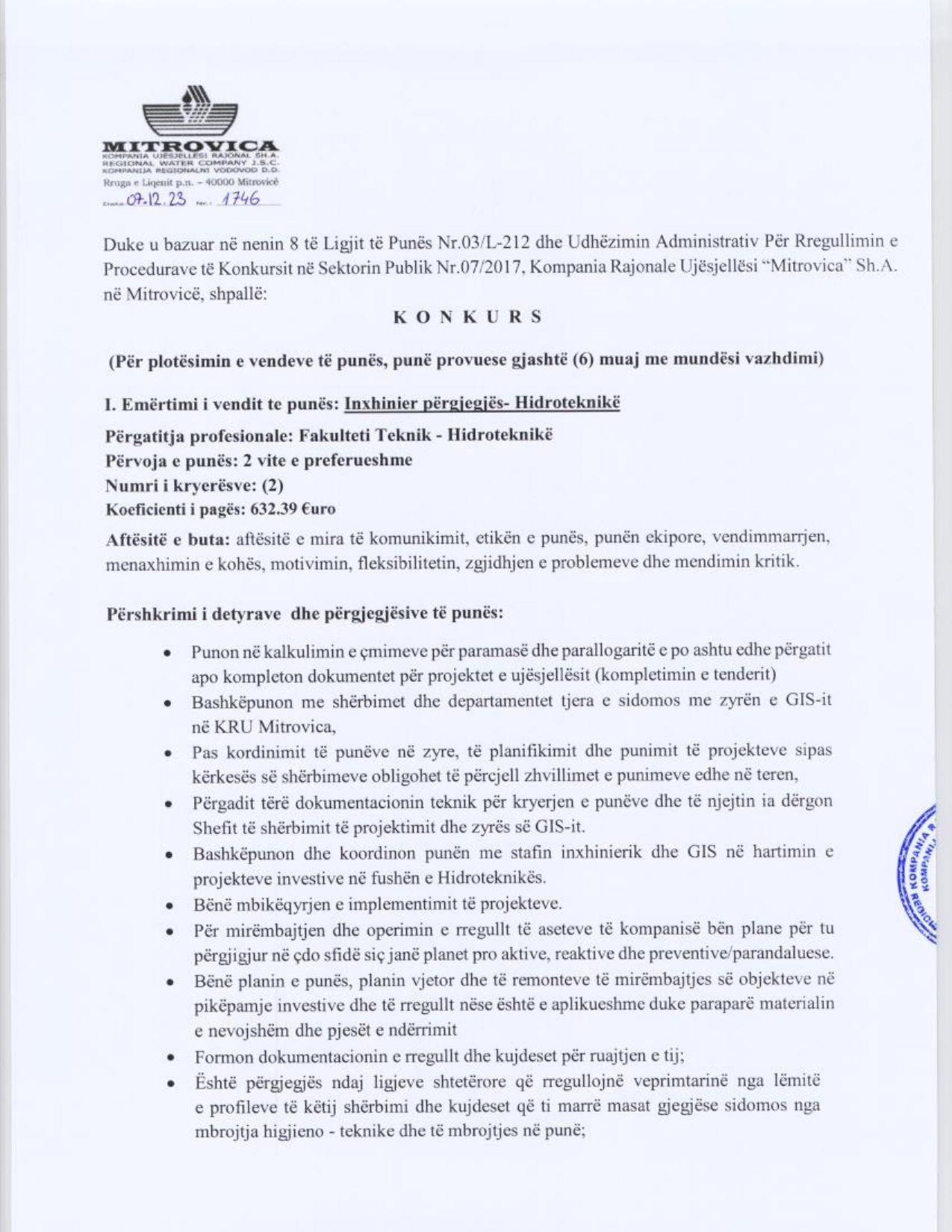 Inxhinier përgjegjës - Hidroteknikë, Inxhinier/e i/e Elektronikës
